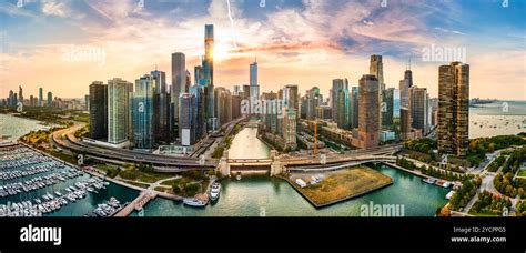 Aerial Panorama Of Chicago Illinois Skyline At Sunset As Viewed From