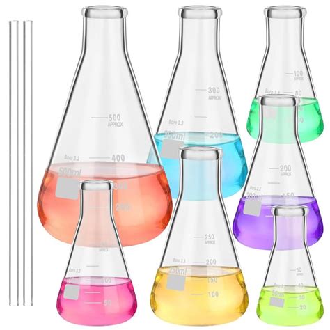 9 Pack Glass Erlenmeyer Flask Set With Glass Stirring Rod 7 Sizes 50ml 100ml 150ml 200ml
