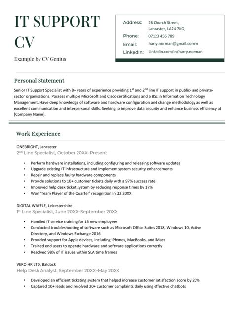 IT Support CV Example UK Template Free Download