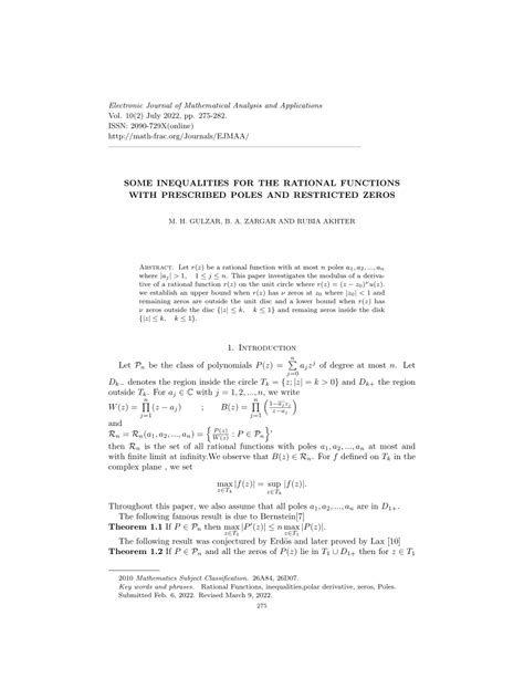 Pdf Some Inequalities For The Rational Functions With Prescribed Poles And Restricted Zeros