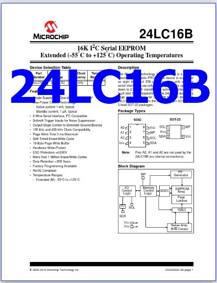 24LC16B PDF Datasheet 16Kbit Erasable PROM Microchip