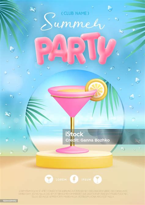 3d 무대와 코스모폴리탄 칵테일이 있는 여름 디스코 파티 포스터 화려한 여름 해변 장면입니다 벡터 그림 3차원 형태에 대한 스톡 벡터 아트 및 기타 이미지 Istock