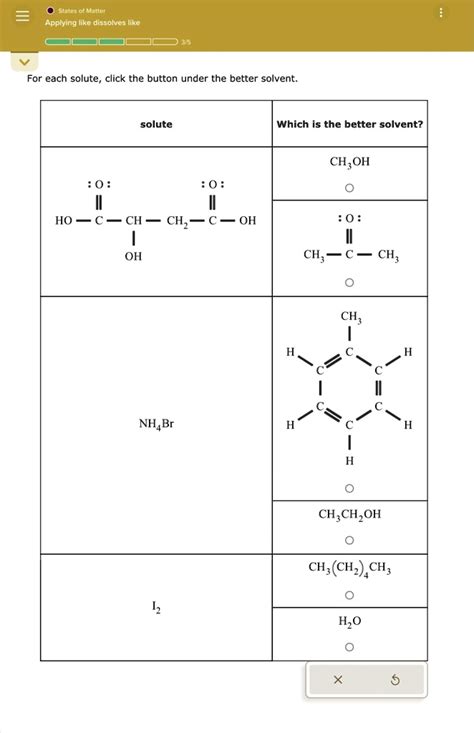 Solved States Of Matter Applying Like Dissolves Like For Each Solute Click The Button Under