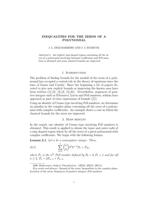 Pdf Inequalities For The Zeros Of A Complex Polynomial