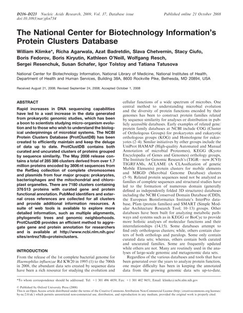 Pdf The National Center For Biotechnology Informations Protein Clusters Database