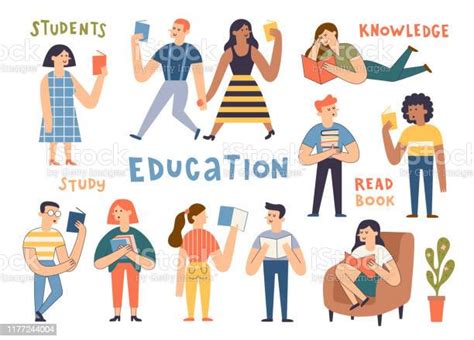 귀여운 독서 사람들의 그룹입니다 만화 손으로 그린 학생 책 애호가 독자 현대 문학 팬 재미있는 캐릭터 공부 플랫 벡터 그림입니다 사람들에 대한 스톡 벡터 아트 및 기타
