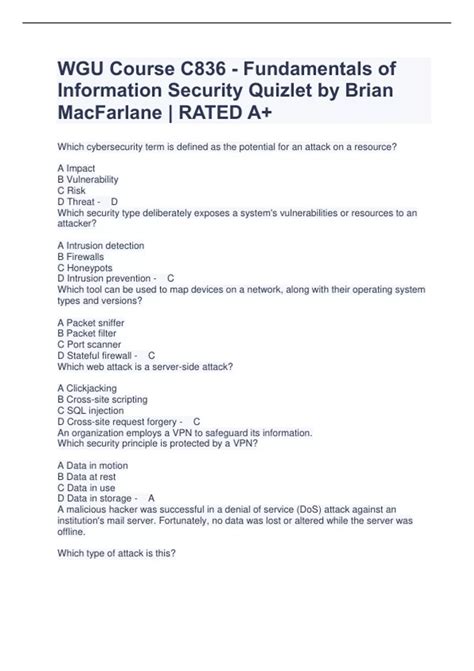 Wgu Course C836 Fundamentals Of Information Security Quizlet By Brian Macfarlane Rated A