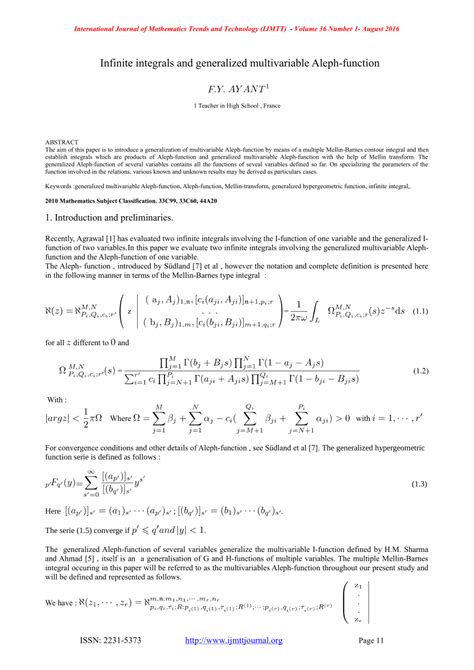 Pdf Infinite Integrals And Generalized Multivariable Aleph Function
