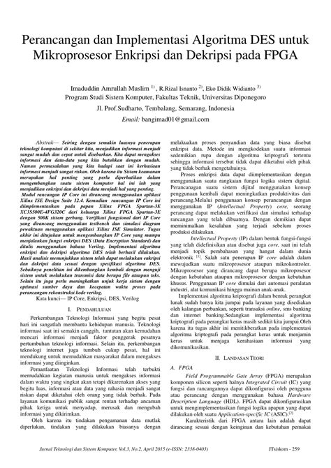 PDF Perancangan Dan Implementasi Algoritma DES Untuk Mikroprosesor Enkripsi Dan Dekripsi Pada FPGA