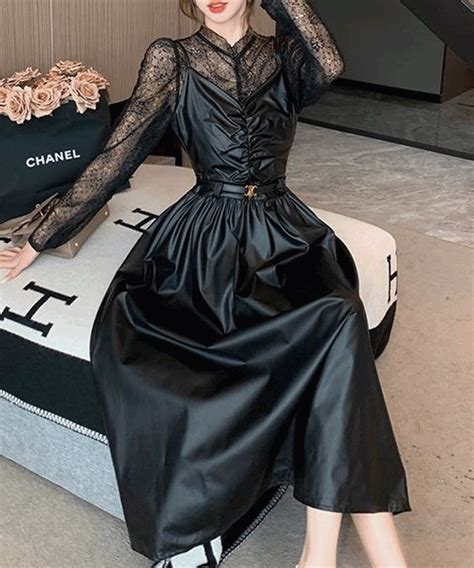 마리그램 셔링 뷔스티에 롱레더스커트 투피스 우아한 시스루 폴라넥 레이스 블라우스 뷔스티에 셔링 하이웨스트 플레어 롱레더스커트 세트 우아한 결혼식 하객룩 시스루블라우스