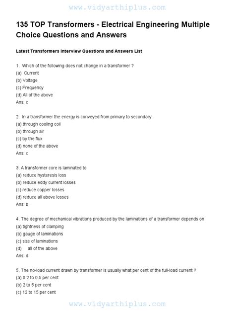 135 Top Transformers Electrical Engineering Multiple Choice Questions And Answers Pdf