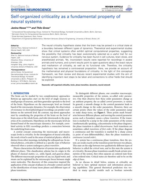 Pdf Self Organized Criticality As A Fundamental Property Of Neural Systems