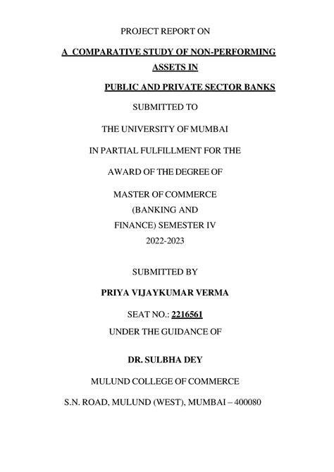 2216561 Priya Vijaykumar Verma M Com BF Sem4 April 2023 PROJECT REPORT ON A COMPARATIVE STUDY