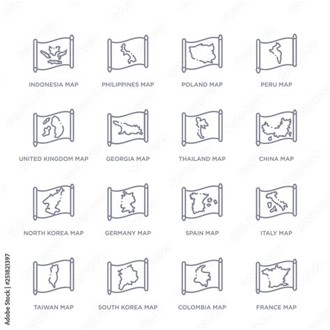 Vecteur Stock Set Of 16 Thin Linear Icons Such As France Map Colombia Map South Korea Map