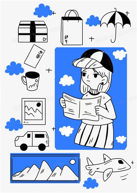 一组卡通扁平简笔画女生旅游贴纸元素png图片素材下载 贴纸png 熊猫办公