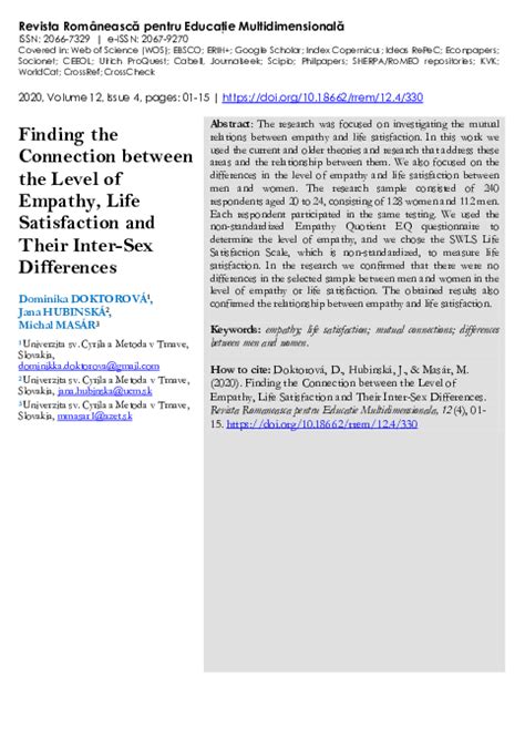 Pdf Finding The Connection Between The Level Of Empathy Life Satisfaction And Their Inter Sex