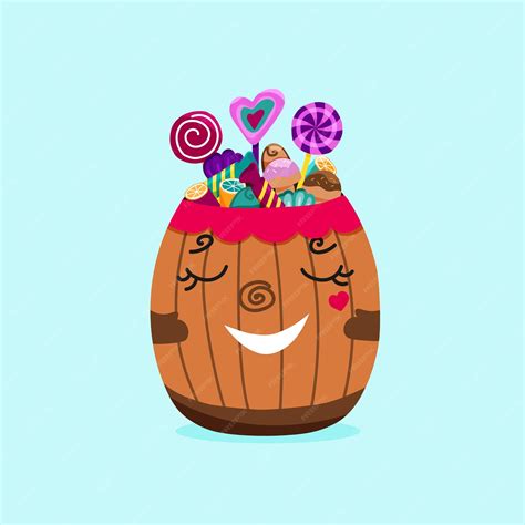 귀여운 나무 통에 과자와 사탕 만화 벡터 일러스트 레이 션 프리미엄 벡터
