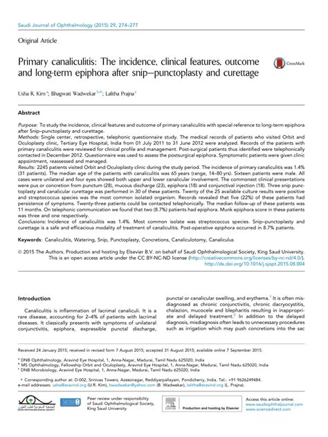 Pdf Primary Canaliculitis The Incidence Clinical Features Outcome And Long Term Epiphora