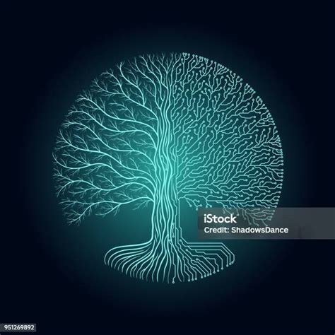 하이테크 회로 스타일 Yggdrasil 나무 라운드 사이버 펑크 미래 디자인입니다 진행 기호 나무에 대한 스톡 벡터 아트 및