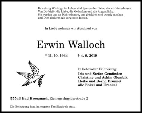 Traueranzeigen Von Erwin Walloch Rz Trauerde