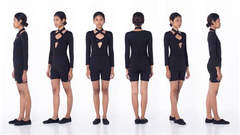 젊은 성인 태닝 스킨 여성의 전장 사람은 자신감과 행복으로 360 프론트 사이드 백 리어 뷰를 스탠드합니다 고립 된 흰색 배경