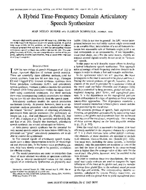 Pdf A Hybrid Time Frequency Domain Articulatory Speech Synthesizer J Schroeter