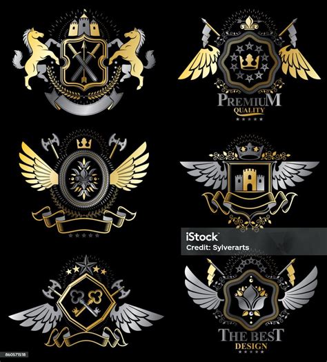 벡터 고급 문장 학 팔의 외 투입니다 컬렉션의 Blazons 빈티지 디자인 양식에 일치 시키는 그래픽 요소 로얄 크라운 및 플래그 별 타워를 사용 하 여 만든 병기 종교