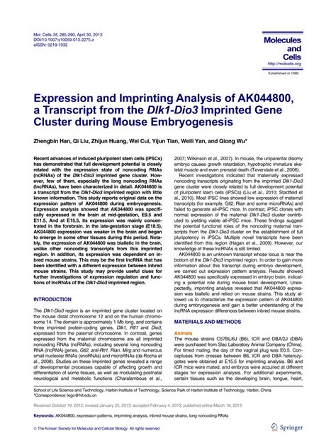 Pdf Expression And Imprinting Analysis Of Ak044800 A Transcript From