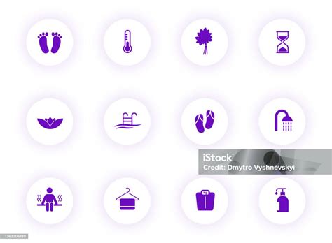 보라색 그림자가있는 밝은 둥근 버튼에 사우나 보라색 색상 벡터 아이콘 웹 모바일 앱 Ui 디자인 및 인쇄를 위한 사우나 아이콘 세트 사우나에 대한 스톡 벡터 아트 및 기타