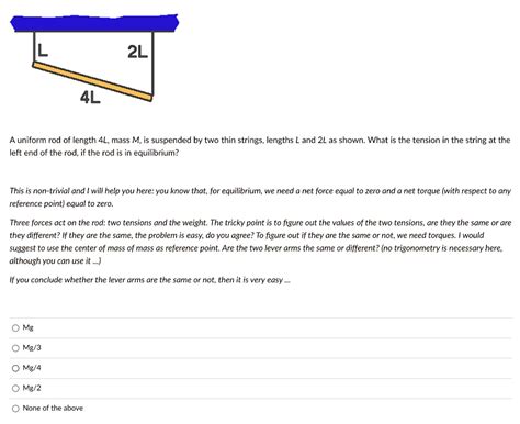 Solved 2l 4l A Uniform Rod Of Length 4l Mass M Is Suspended By Two Thin Strings Lengths And