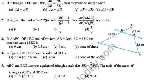 Cbse Class 10 Mathematics Triangles Mcqs Set A Multiple Choice