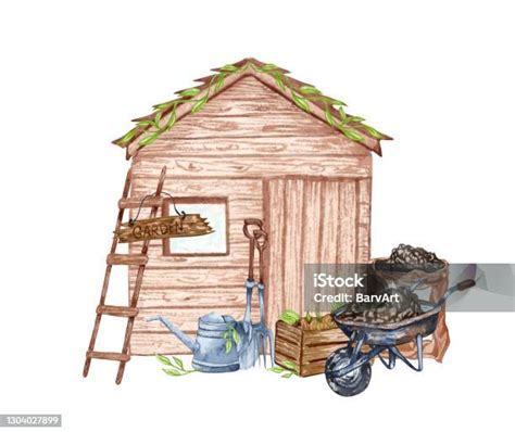 정원 개체 사다리 창고 고무 부츠 급수 캔 화분 카트 진흙의 수채화 세트 원예 도구 봄 정원 일러스트레이션 원예에 대한 스톡 벡터 아트 및 기타 이미지 Istock