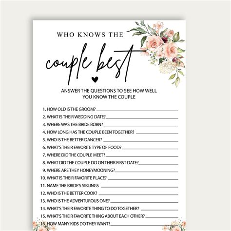 How Well Do You Know The Couple Printable Game Cards Who Knows Couple Best Bridal Shower Game