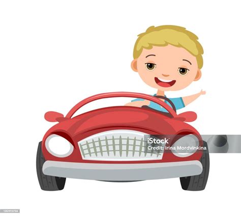 아이는 차를 운전합니다 빨간 재미 아이 자동차 장난감 차량 모터와 함께 좋은 승객 자동차 페달 또는 전기 흰색 배경에 격리 벡터 아이에 대한 스톡 벡터 아트 및 기타 이미지