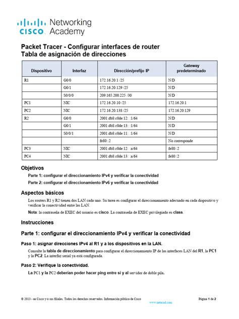1 4 7 Packet Tracer Configure Router Interfaces Es Xl Descargar Gratis Pdf Dirección Ip