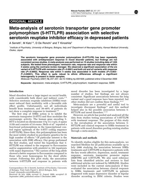 Pdf Meta Analysis Of Serotonin Transporter Gene Promoter Polymorphism 5 Httlpr Association