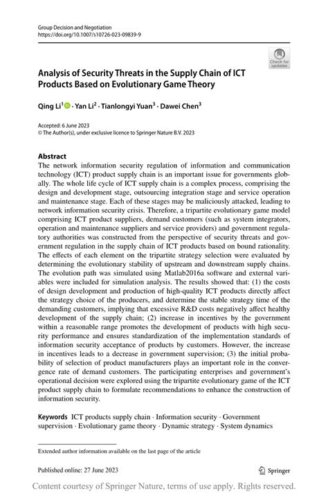 Analysis Of Security Threats In The Supply Chain Of Ict Products Based On Evolutionary Game Theory