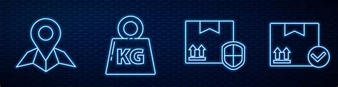 방패로 라인 배달 팩 보안 설정 지도 용지에 자리 표시자 무게 체크 마크 및 위치 마커패키지 상자 벽돌 벽에 빛나는 네온 아이콘 벡터 지도에 대한 스톡 벡터 아트 및 기타