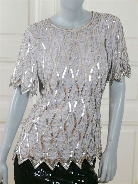 Silver Sequin Top French Vintage Elegant Powder Gray Short Sleeve Cocktail Formalwear Blouse