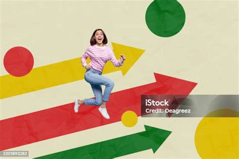 복합 스케치 이미지 트렌드 삽화 3d 사진 콜라주 실루엣 젊은 아가씨 점프 공기 성공 행복 축하하다 화살표 방향 방법 20 24세에 대한 스톡 사진 및 기타 이미지 Istock
