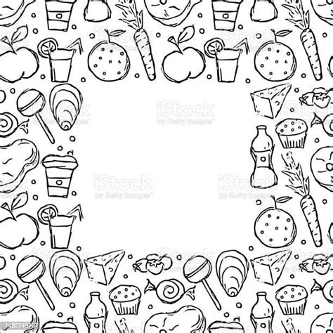 원활한 음식 패턴 텍스트를위한 장소가있는 음식 배경 음식 아이콘이 있는 낙서 벡터 일러스트 레이 션 과일에 대한 스톡 벡터 아트 및 기타 이미지 Istock