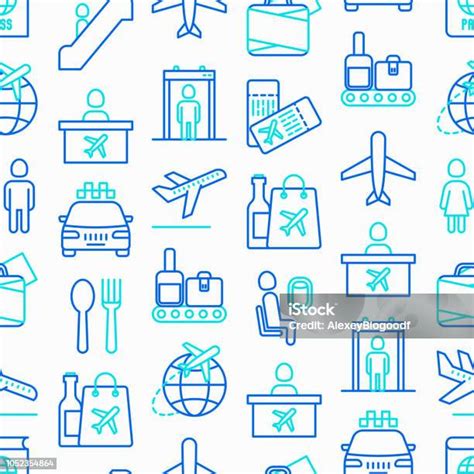얇은 선 아이콘으로 공항 원활한 패턴 체크인 카운터 탑승 게이트 통과 에스컬레이터 화장실 푸드 코트 수하물 포장 서비스 면세점