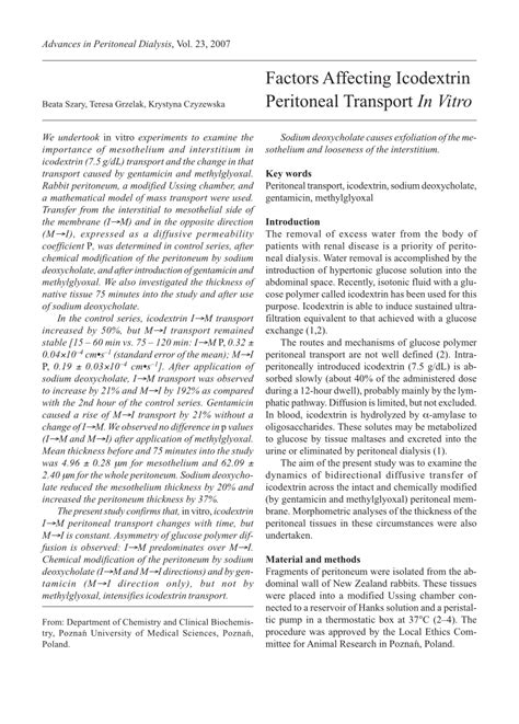 Pdf Factors Affecting Icodextrin Peritoneal Transport In Vitro