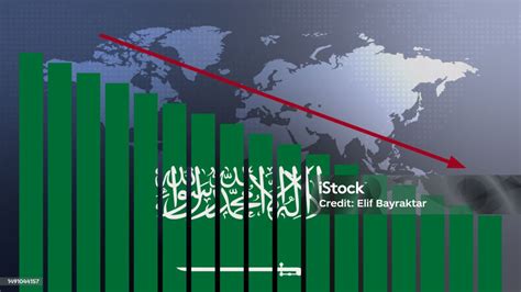 사우디 아라비아는 하락하는 가치 경제 위기의 개념 정치 갈등 깃발이 있는 전쟁 개념과 함께 막대 차트 개념에 국기를 꽂는다 가격에 대한 스톡 벡터 아트 및 기타 이미지