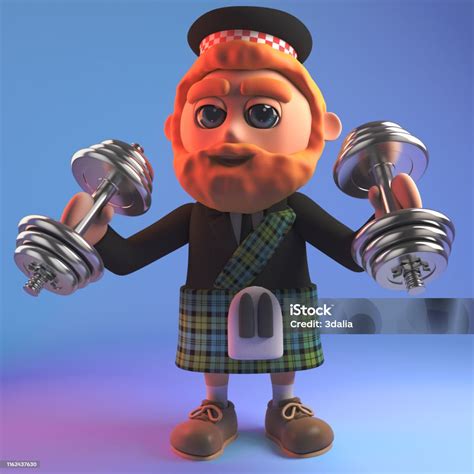 무게와 함께 운동 킬트에 만화 빨간 수염 스코틀랜드 사람 3d 그림 3차원 형태에 대한 스톡 사진 및 기타 이미지 3차원 형태 드레스 디자인 Istock