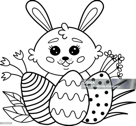 달걀과 꽃이 있는 만화에 나오는 귀여운 부활절 토끼가 등장하는 색칠하기 책 아이들을 위한 색칠 공부 벡터 일러스트 레이 션입니다