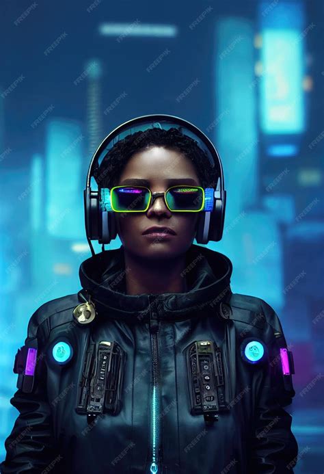 Um Retrato Realista De Uma Garota De ébano Usando Um Fone De Ouvido Cyberpunk E Equipamento