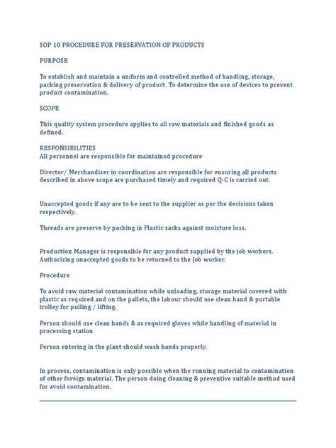 Sop 10 Procedure For Preservation Of Products Pdf Packaging And