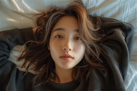 Premium Photo Japanese Woman Lying Face Down On Bed Shoulderlength