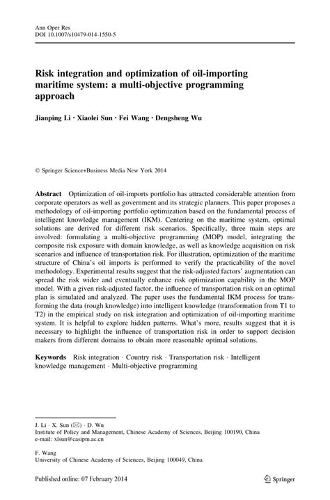 Pdf Risk Integration And Optimization Of Oil Importing Maritime System A Multi Objective